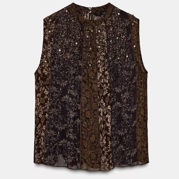 Zara | Tops | Zara Zw Collection Patchwork Beaded Sheer Top Blouse ...